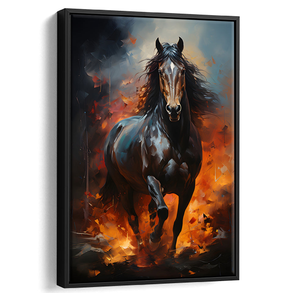 Black Horse Portrait And Fire Oil Painting V1 Framed Canvas Prints Wal ...