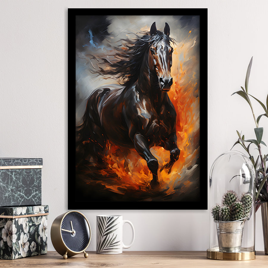 Black Horse Portrait Running Oil Painting V1 Framed Art Prints Wall De ...