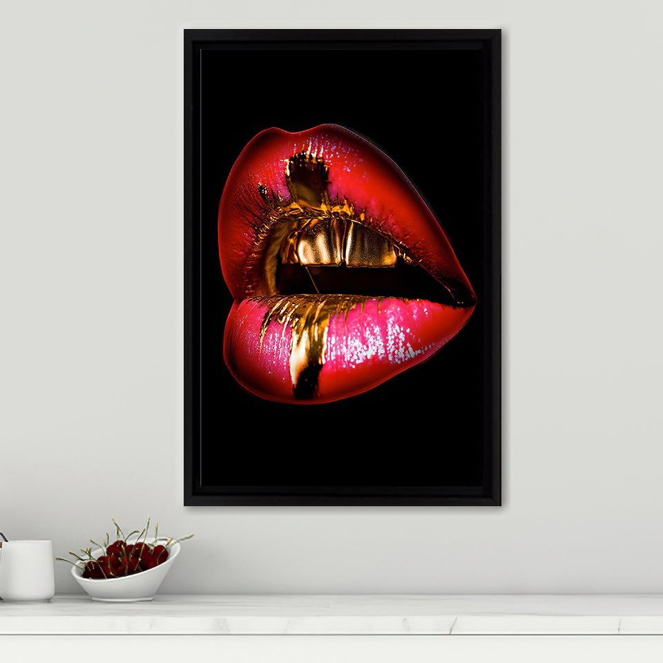 Golden Red Lips Kiss Framed Canvas Prints Wall Art - Painting Canvas ...