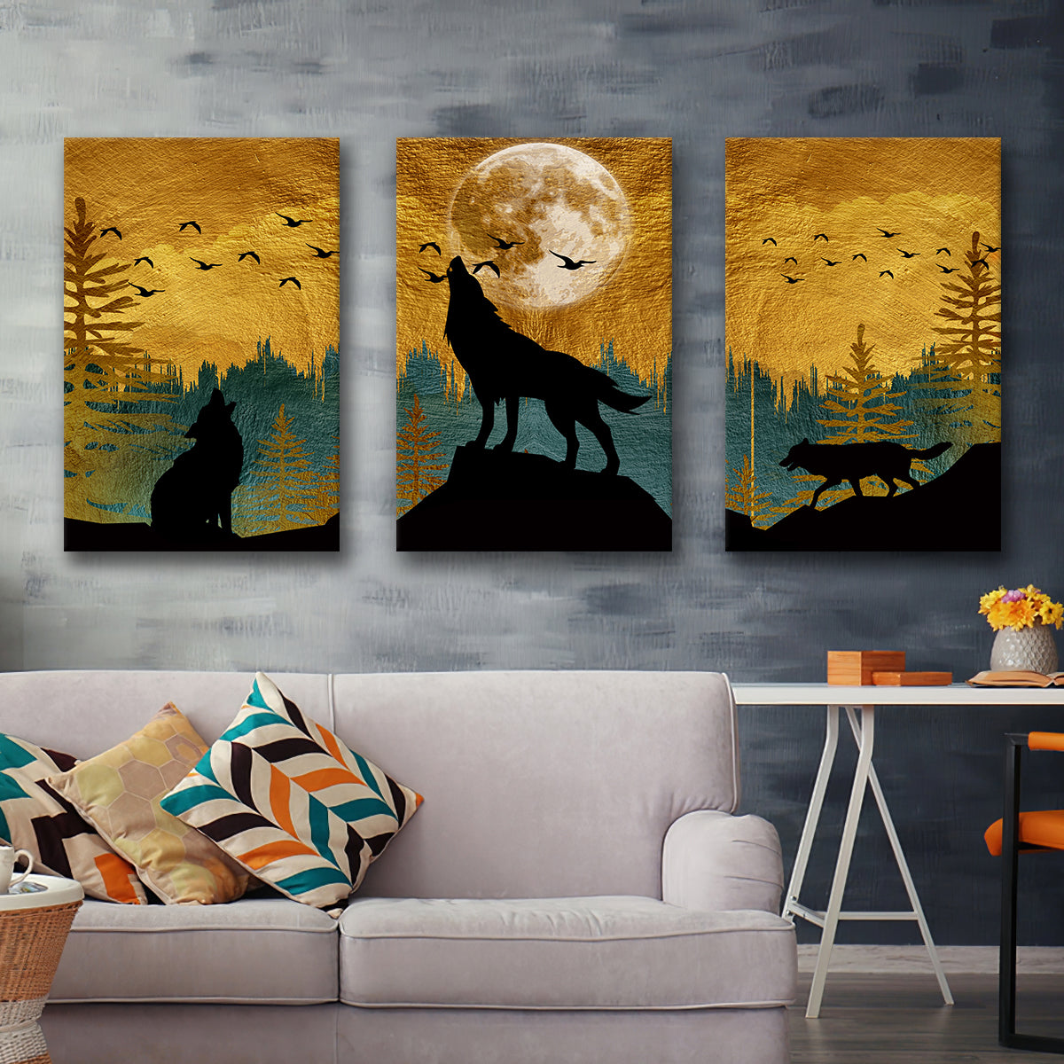 Golden Modern Painting Of 3 Wolf In Forest Set of 3 Piece Canvas Print ...