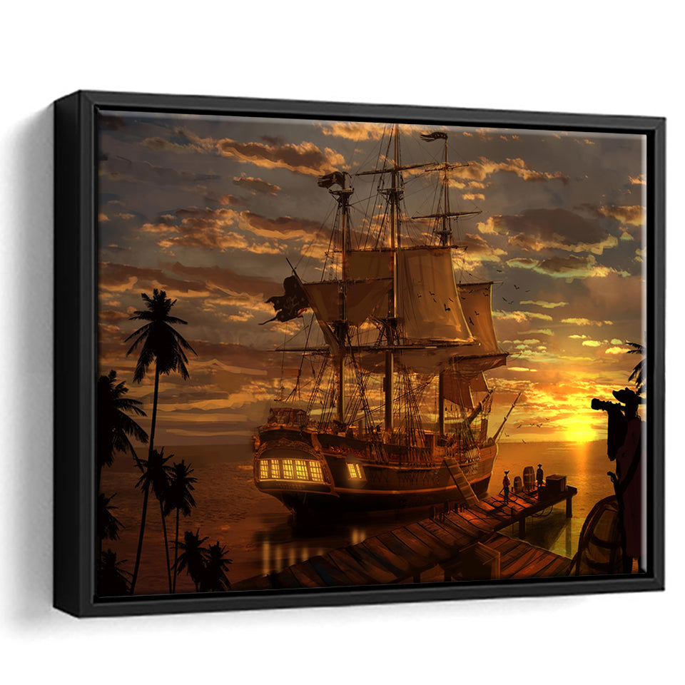 Pirate Ship In Sunset Framed Canvas Prints Wall Art - Painting Canvas ...
